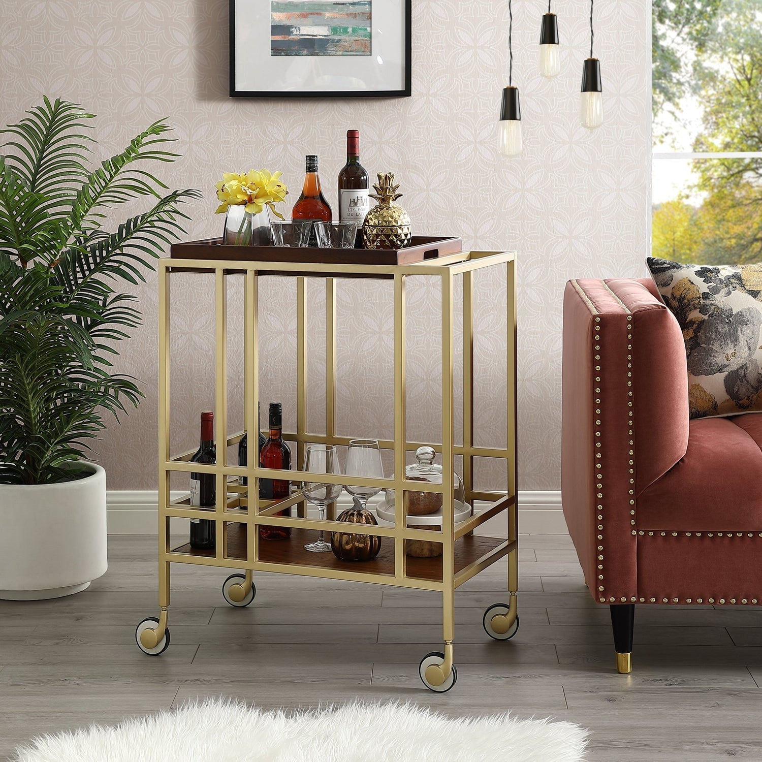 Ron Modern Bar Cart Removable Serving Tray Wine Bottle and Stemware ...
