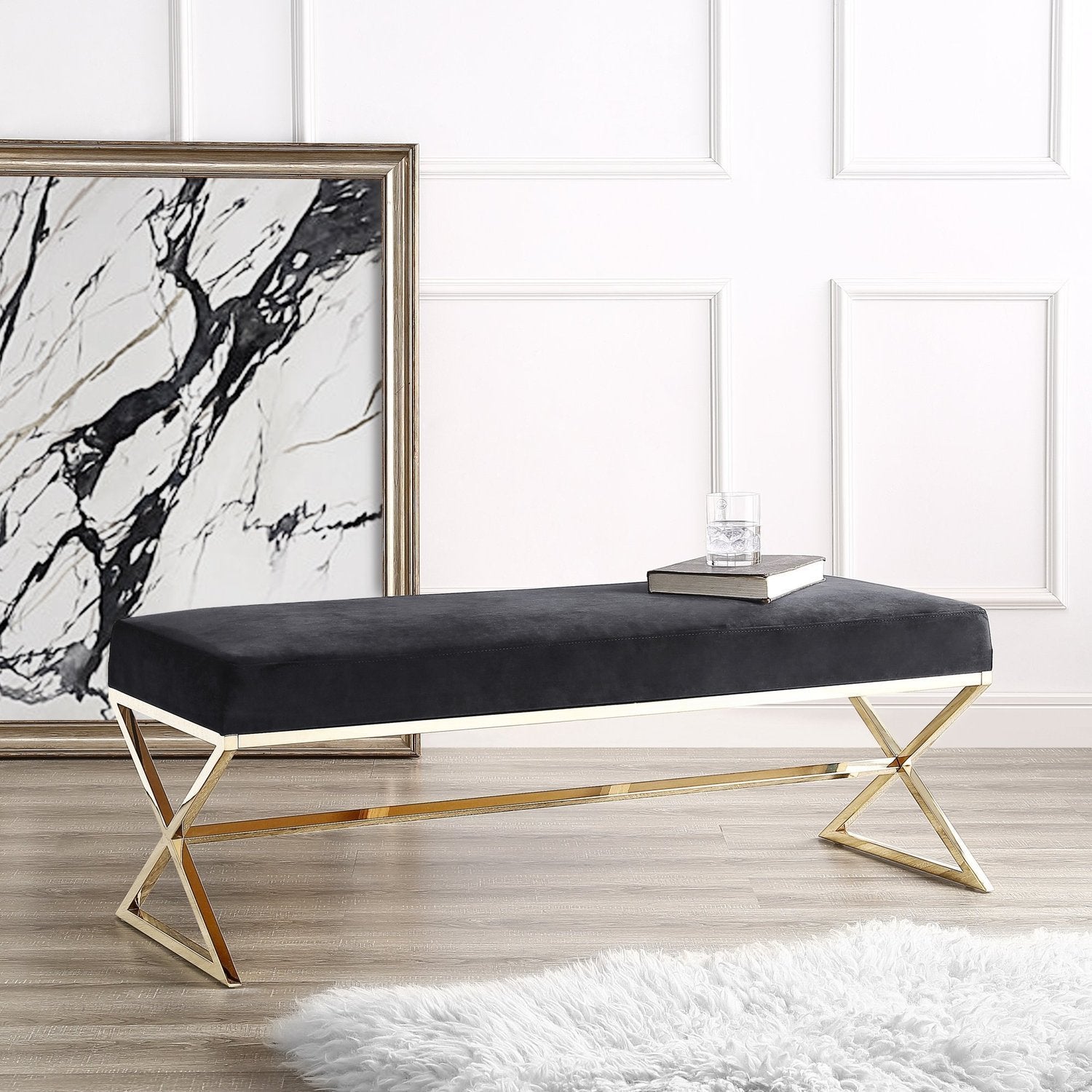 Aurora Contemporary Bench X-Leg Gold Base for Bedroom – Inspired Home