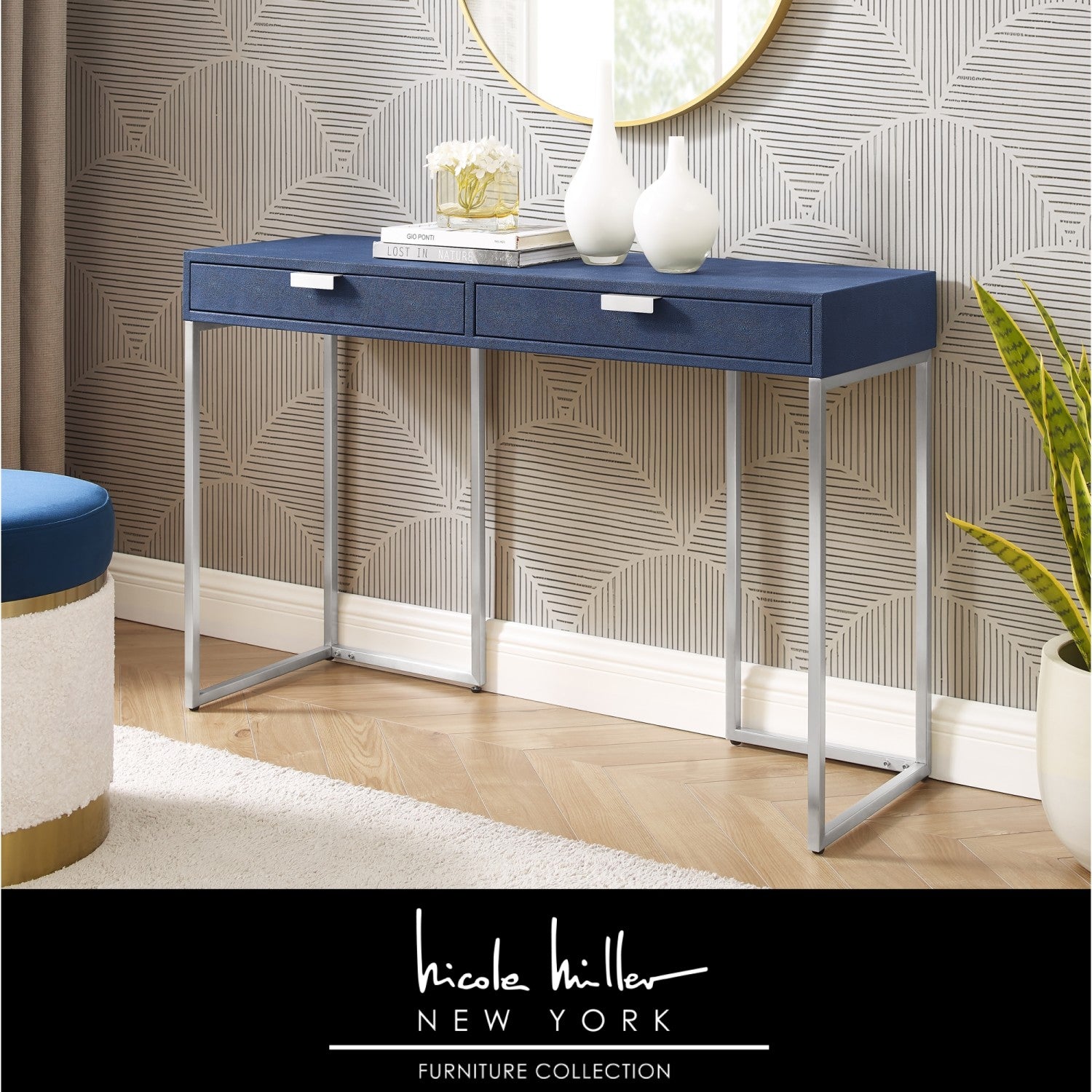 Abdiel Modern Console Table 2 Drawers Brushed Chrome Base and Handles ...