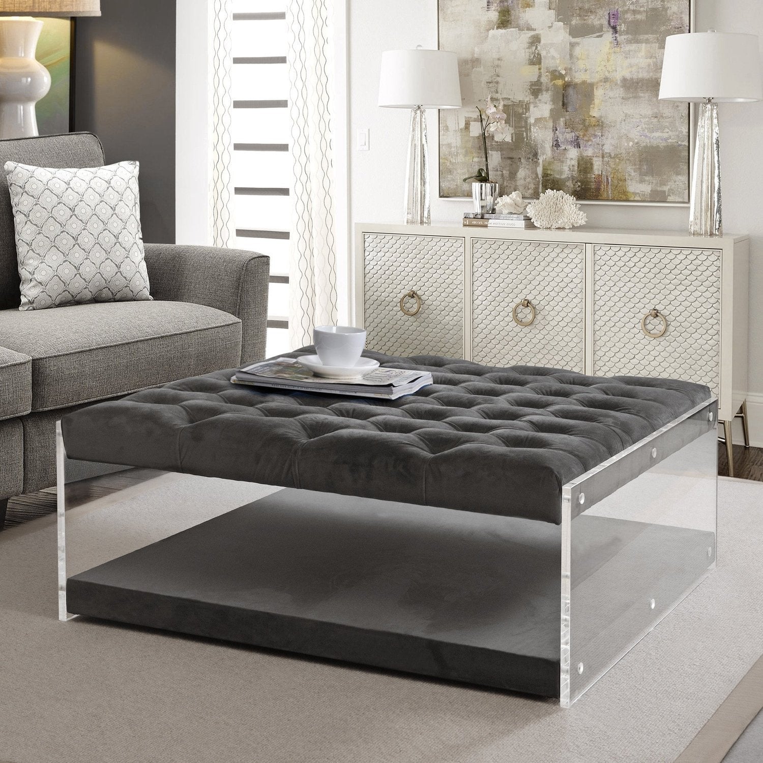 Audrey Modern Ottoman Button Tufted Clear Acrylic Sides for Living Room ...