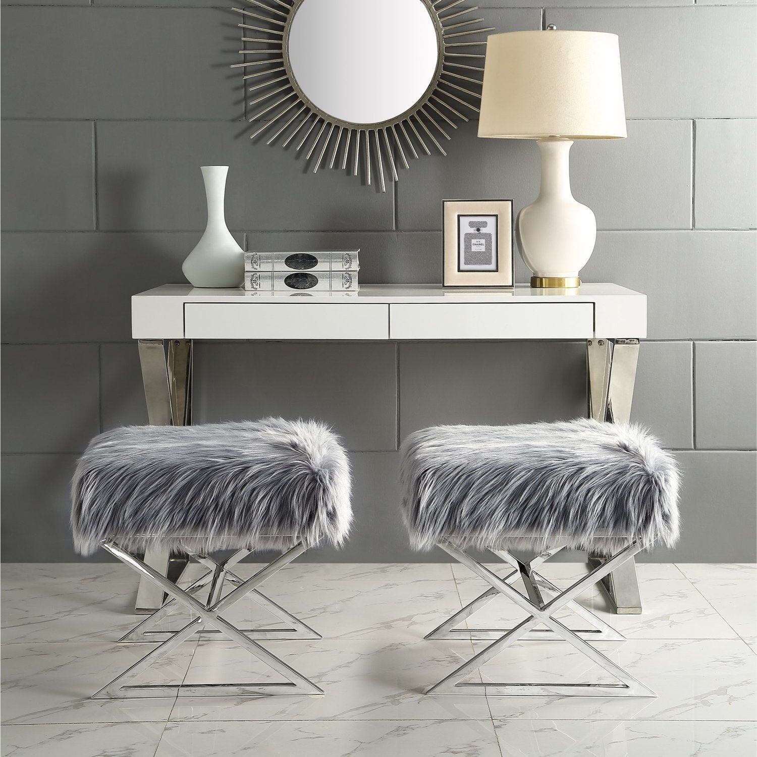 Aurora Contemporary Ottoman X-Leg Gold Base for Bedroom – Inspired Home