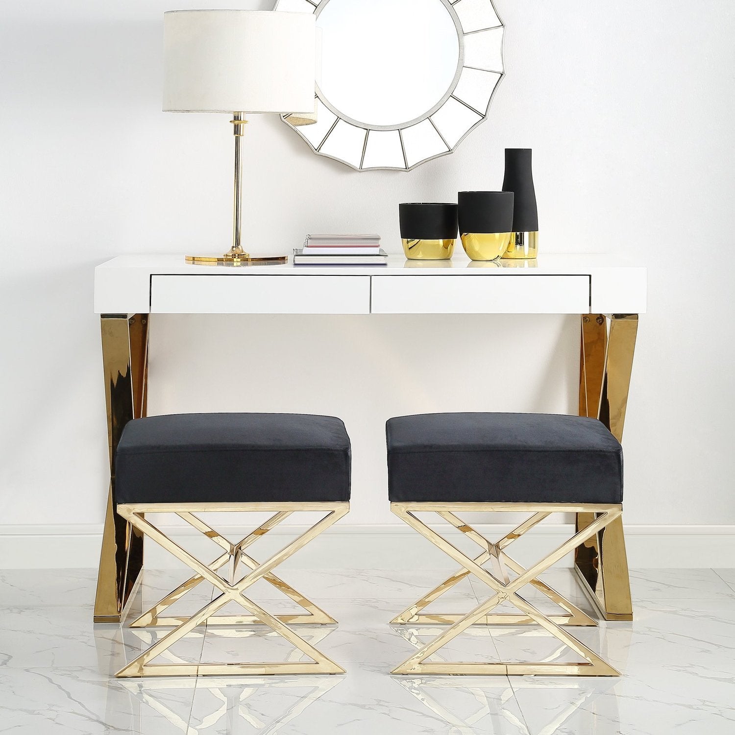 Aurora Contemporary Ottoman X-Leg Gold Base for Bedroom – Inspired Home