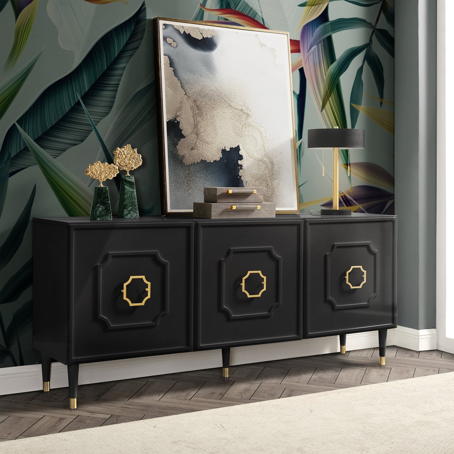 Belen Modern Sideboard 3 Doors Brushed Finish Gold Handle and Leg Tip ...